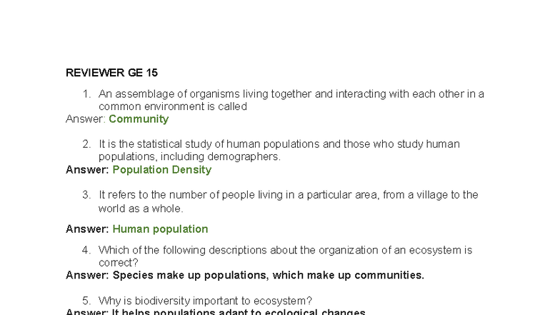 REVIEWER GE 15: Ecosystem Interactions and Demographic Concepts - Studocu