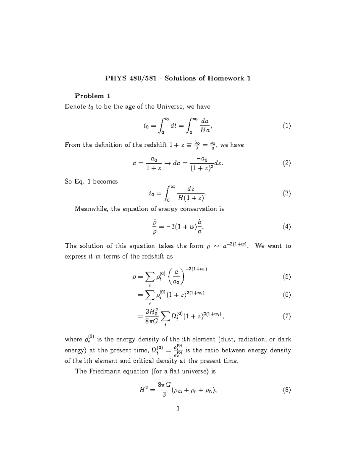Hw1 solutions - PHYS 480/581 - Solutions of Homework 1 Problem 1 Denote ...