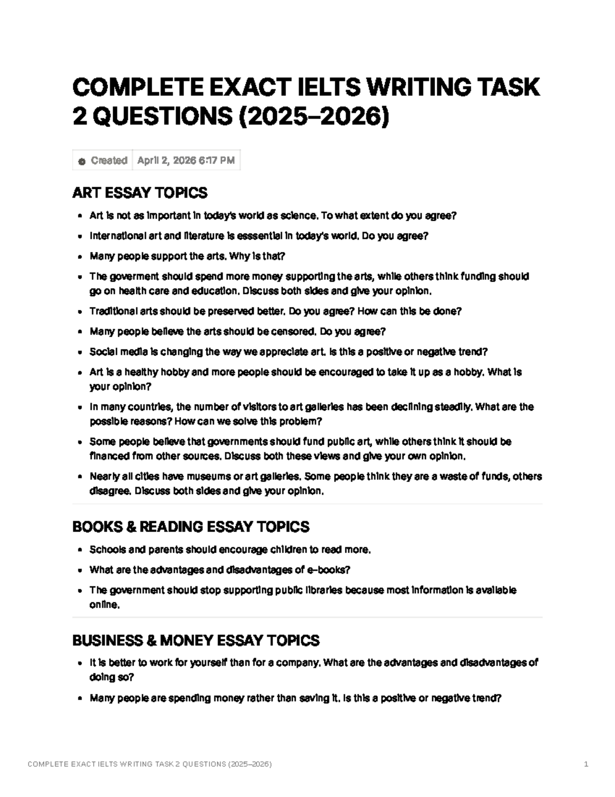 COMPLETE EXACT IELTS WRITING TASK 2 QUESTIONS (2025-2026) - Studocu