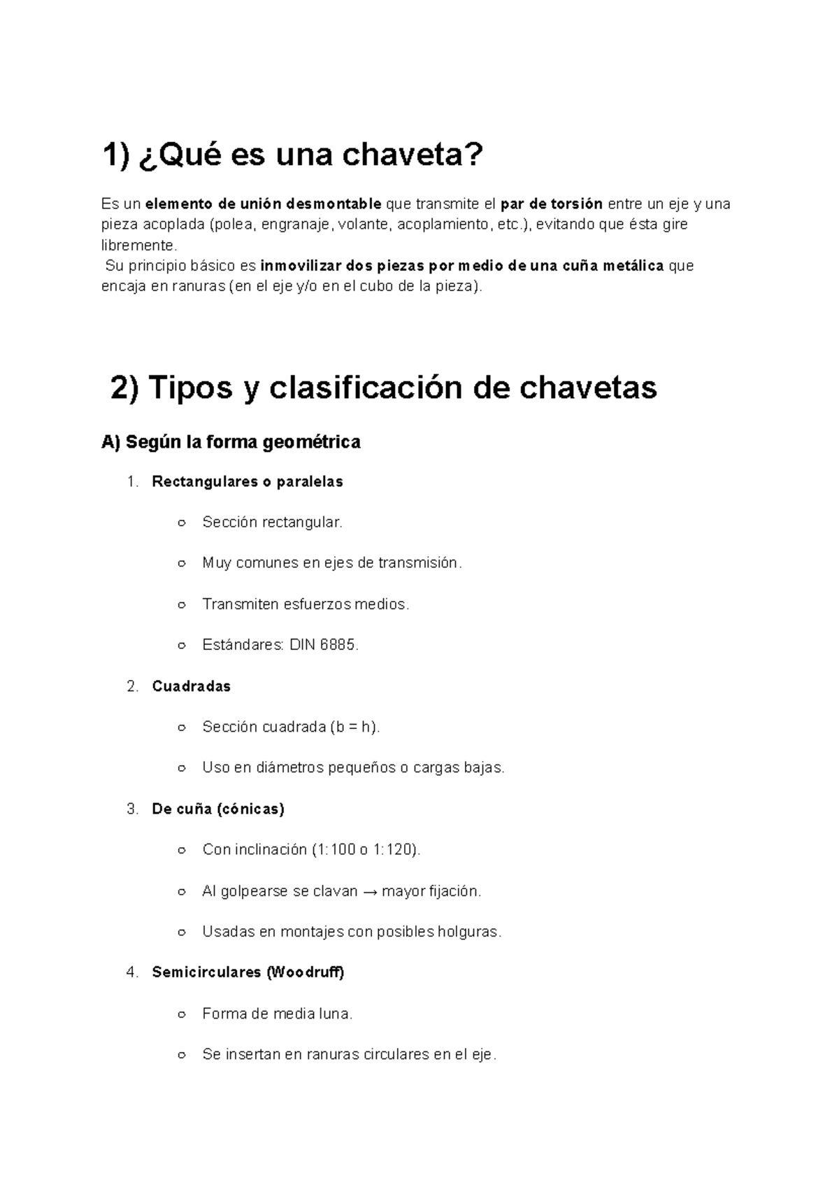 Chavetas: Tipos, Clasificación y Funciones en Mecánica - Studocu
