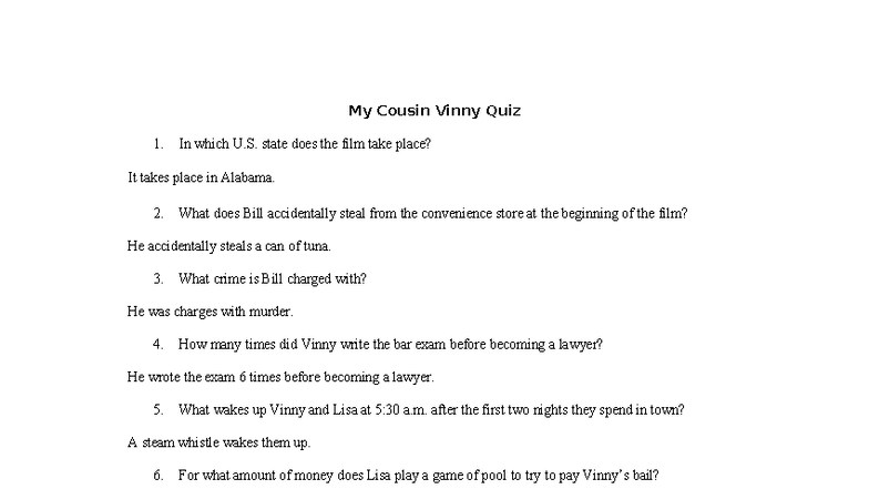 My Cousin Vinny Quiz 1: Key Questions & Answers - Studocu