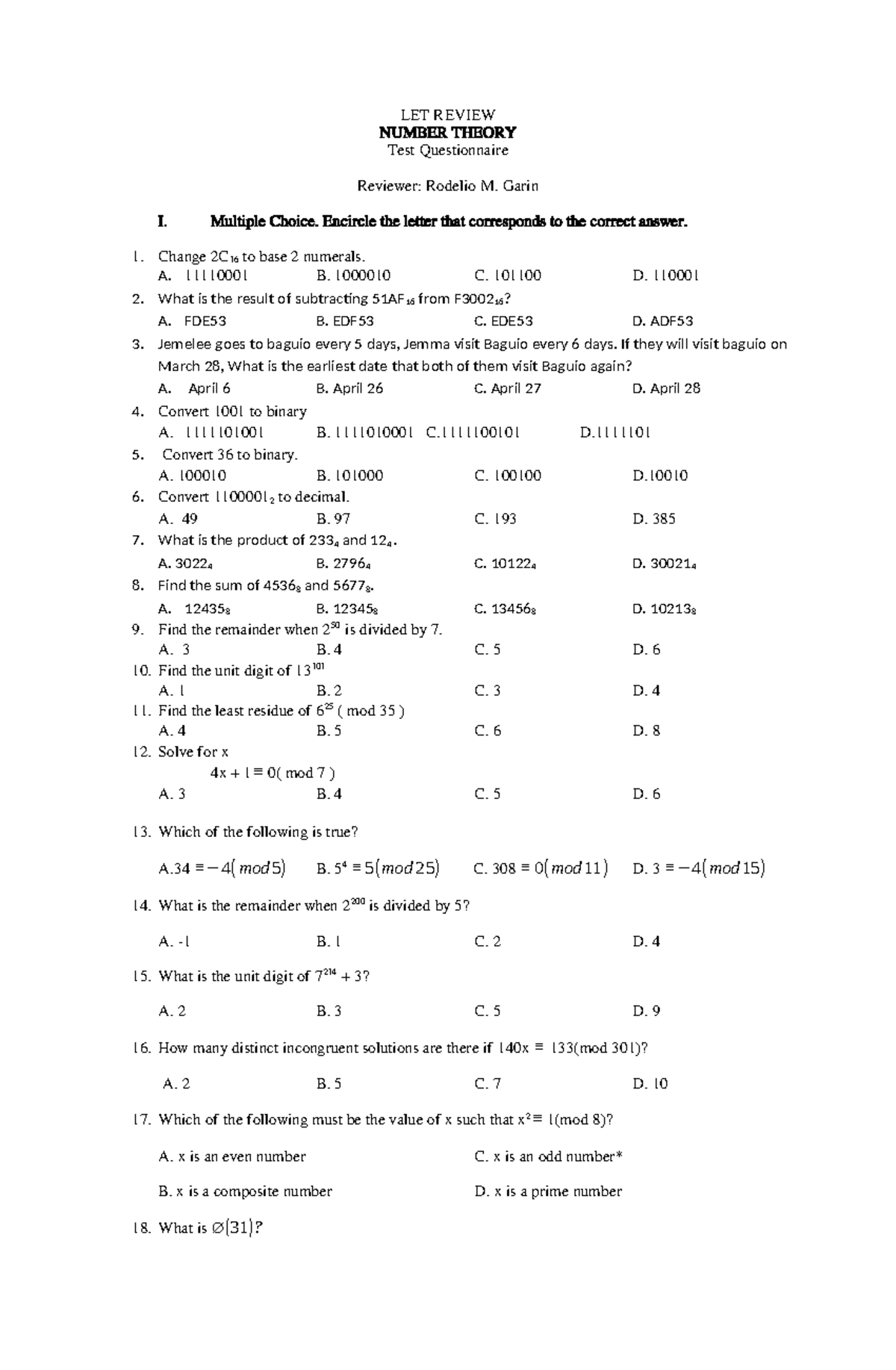 Number Theory - Test Questionnaire Review Notes (NT 101) - Studocu
