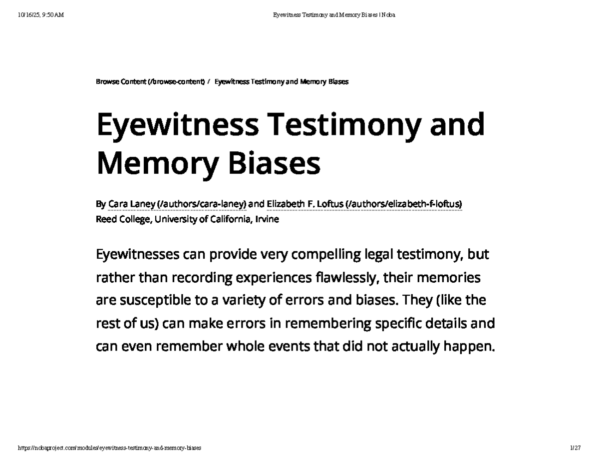 PSY 101: Eyewitness Testimony & Memory Biases - Implications for ...
