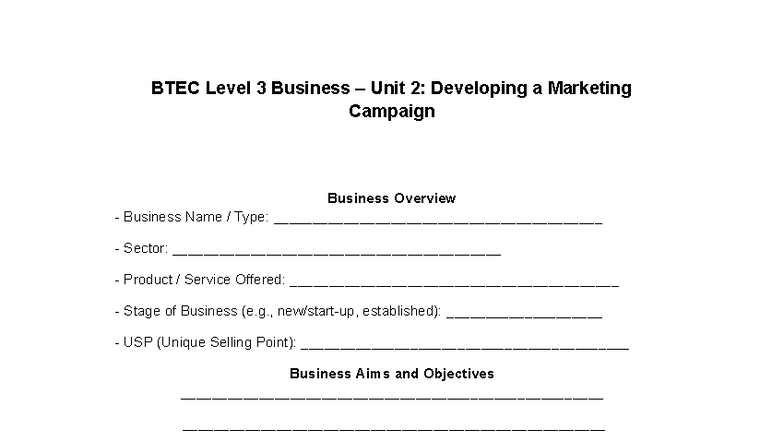BTEC Level 3 Business Unit 2: Marketing Campaign Exam Guide - Studocu