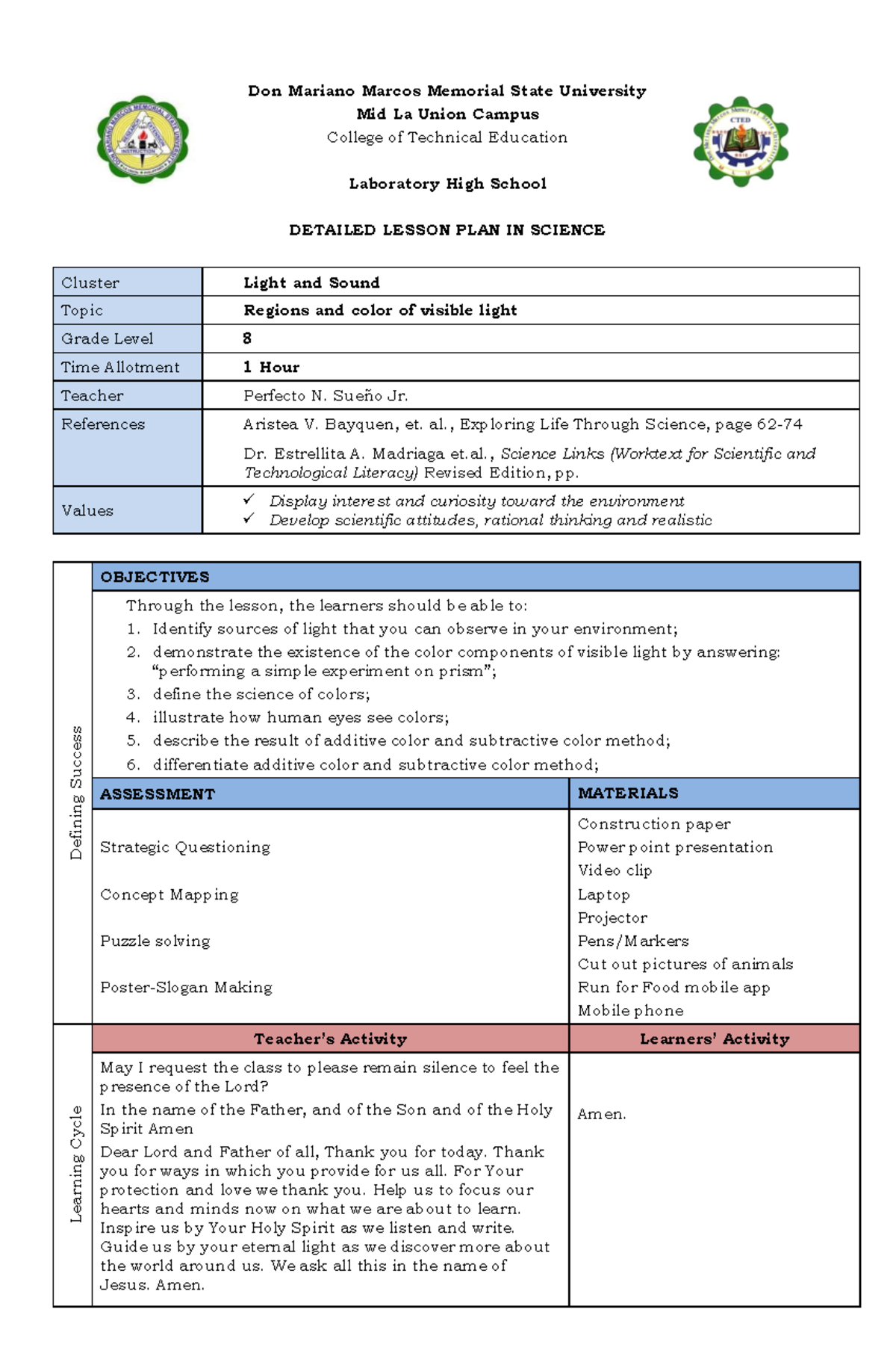 Detailed Lesson Plan in Science (Grade 8) - Light & Sound (Midterm ...