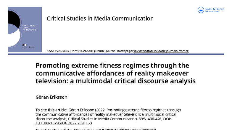 Promoting Fitness Ideals: A Critical Discourse Analysis of TGHJ (COURSE ...