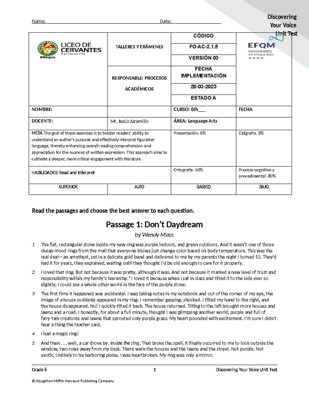 Grade 6 Unit Test: Discovering Your Voice (FO-AC-2.1) - Studocu