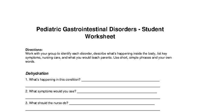 Pediatric GI Disorders Worksheet: Key Symptoms & Nursing Care - Studocu