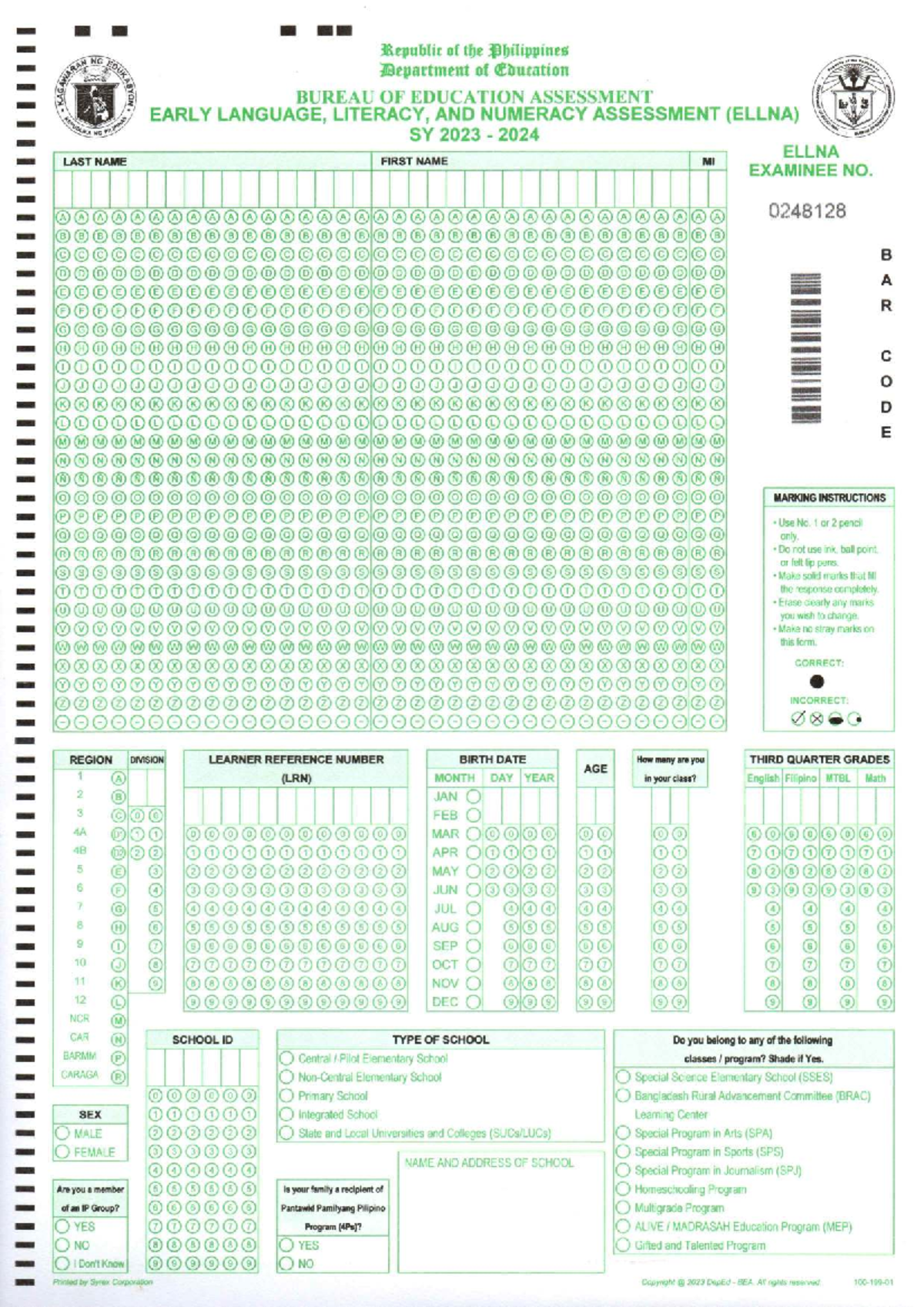 ELLNA Answer Sheet SY 2023-2024 for Early Language & Literacy - Studocu