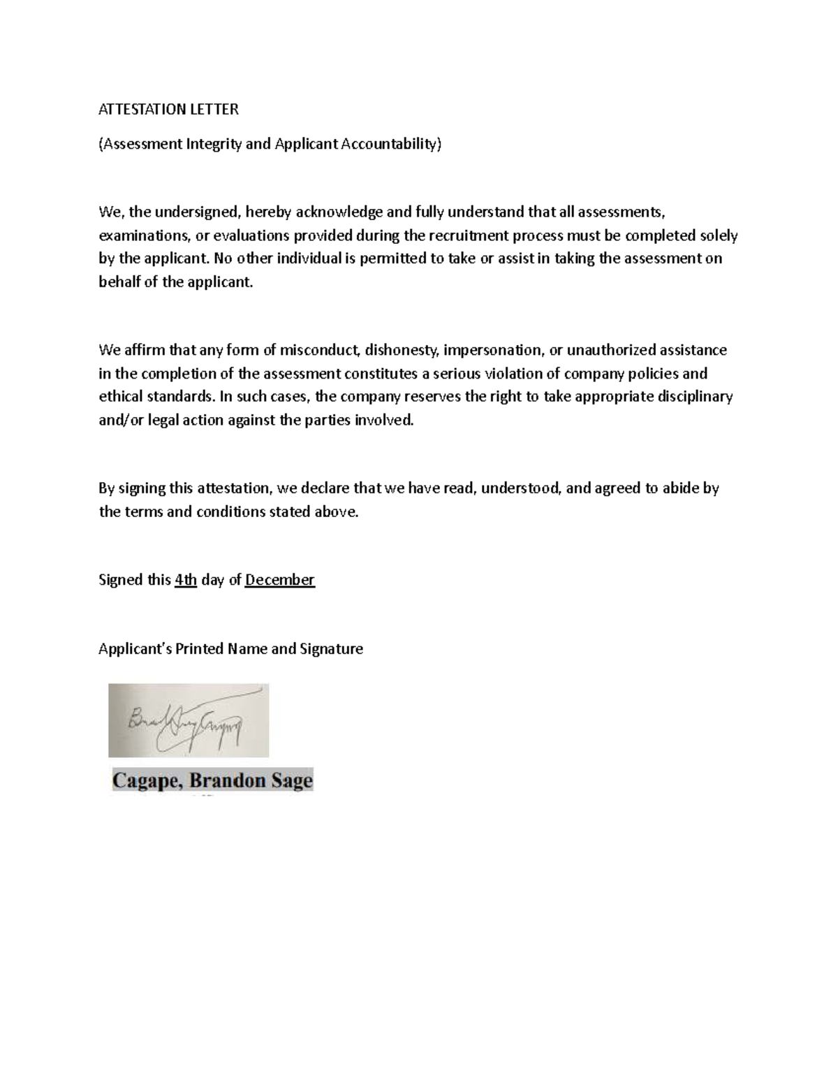 ATTESTATION LETTER: Assessment Integrity & Accountability - Studocu