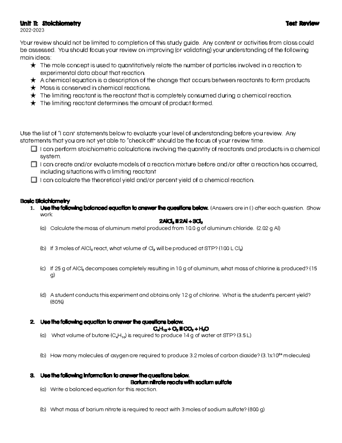 Unit 11: Chemistry Test Review Sheet - Stoichiometry & Limiting ...