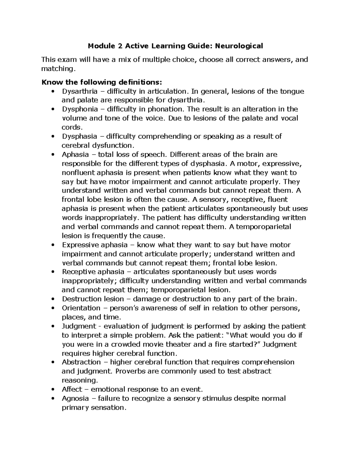 Module 2 Active Learning Guide: Neurological Definitions & Reflexes ...