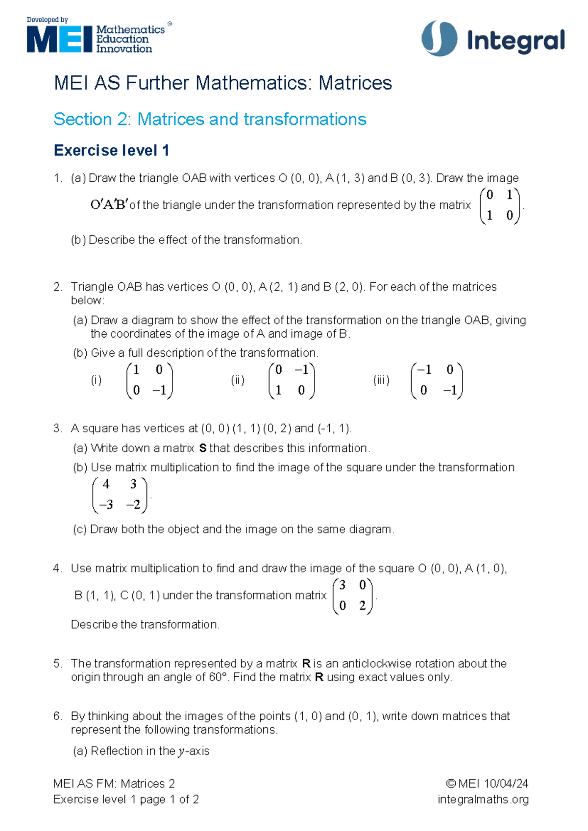 MEI AS Further Mathematics: Matrices Ch 1 Transformations Ex 1 - Studocu