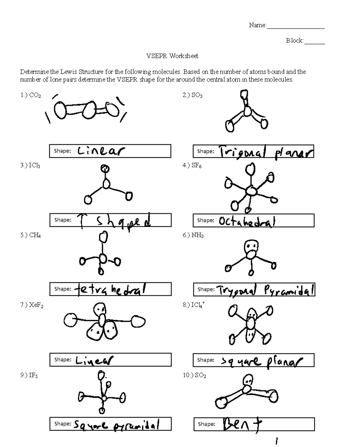 Vsepr HW - practice materials from class - Name:_________________ Block ...