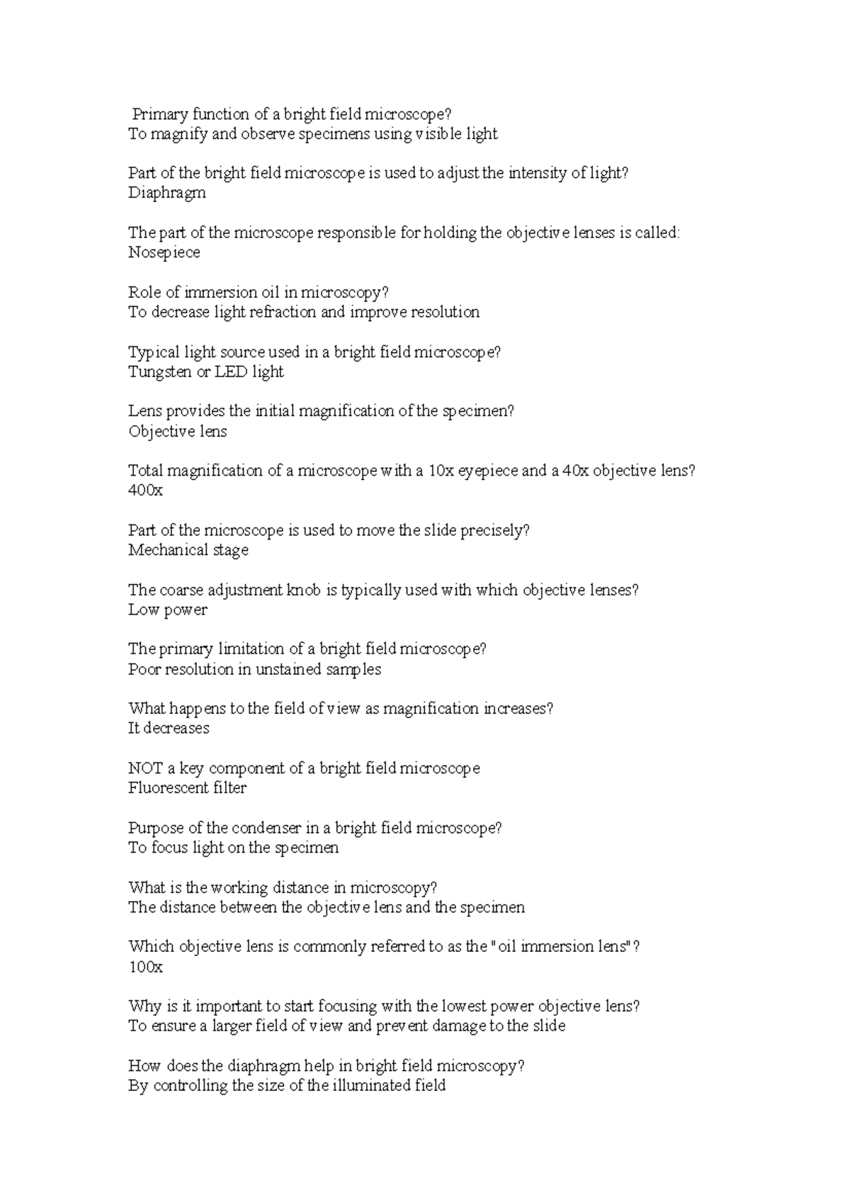 Bright Field Microscope Overview and Key Functions - Studocu