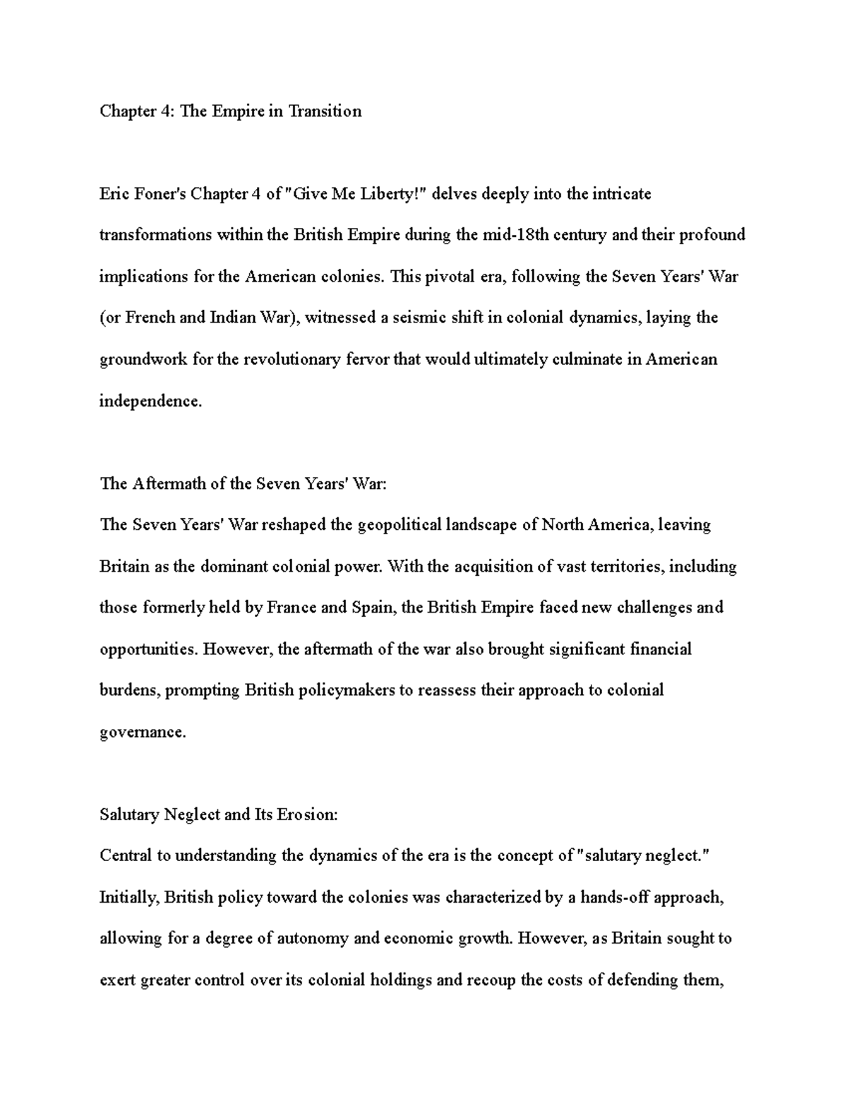 Chapter 4 Summary: The Empire in Transition - Give Me Liberty! - Studocu