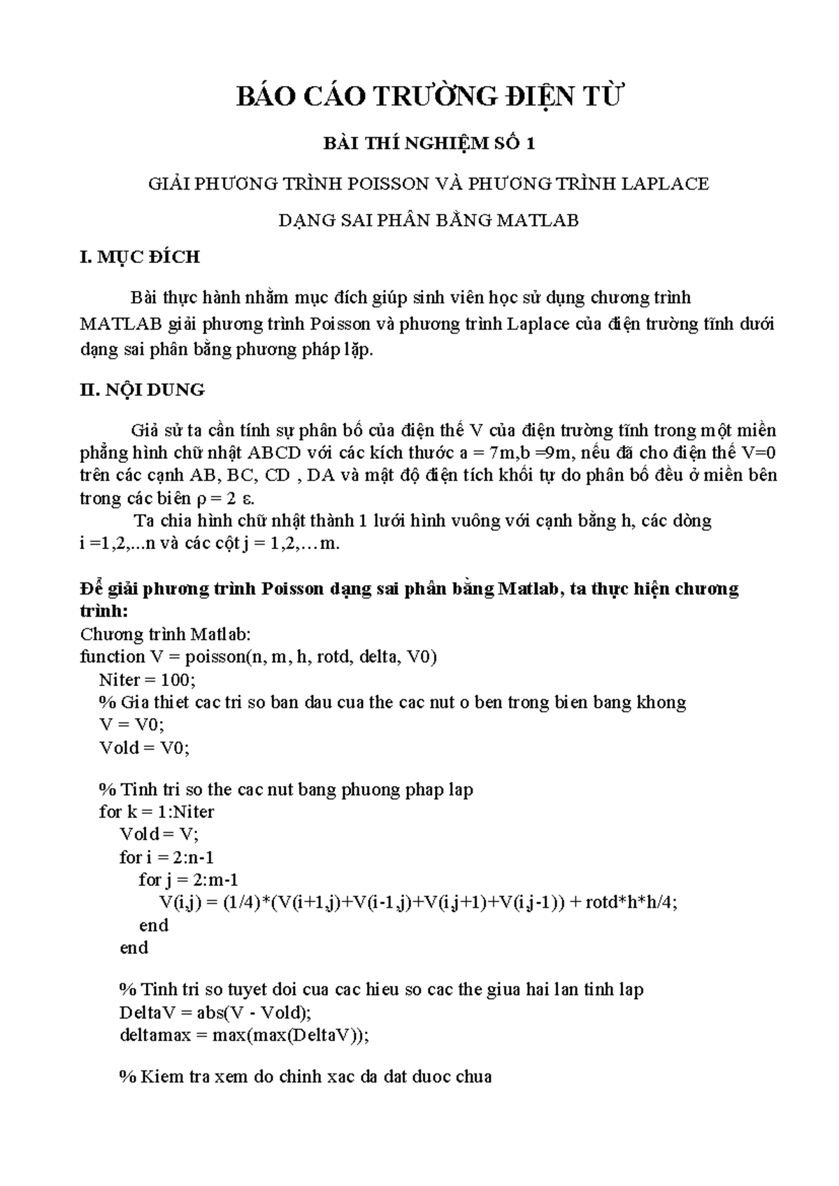 BÁO CÁO THÍ NGHIỆM SỐ 1: GIẢI PHƯƠNG TRÌNH POISSON VÀ LAPLACE BẰNG ...