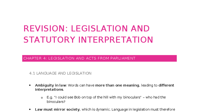 Revision: Legislation & Statutory Interpretation (Chapter 4) - Studocu