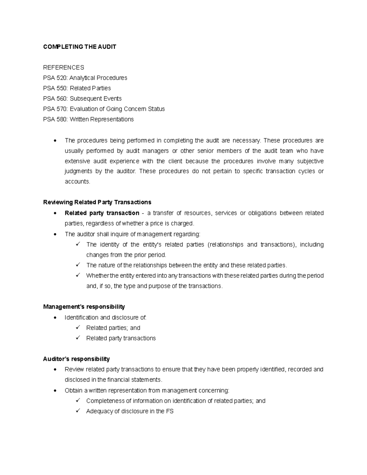 Completing the Audit: Key Procedures and Responsibilities (PSA 520-580 ...