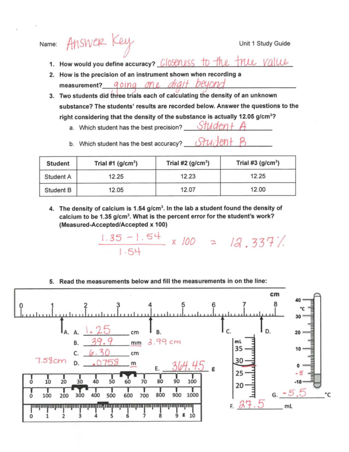 Unit 1 Study Guide: Accuracy, Precision, and Density Calculations - Studocu