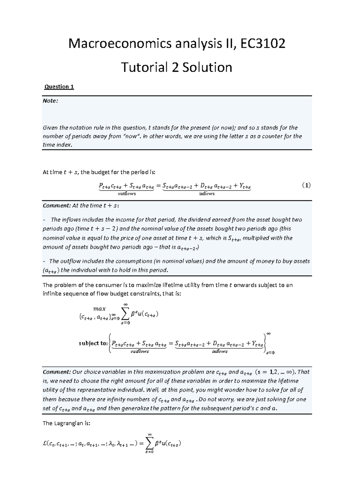 Tutorial 2 Sem2 2324 sol - Macroeconomics analysis II, EC Tutorial 2 Solution Question 1 Note ...