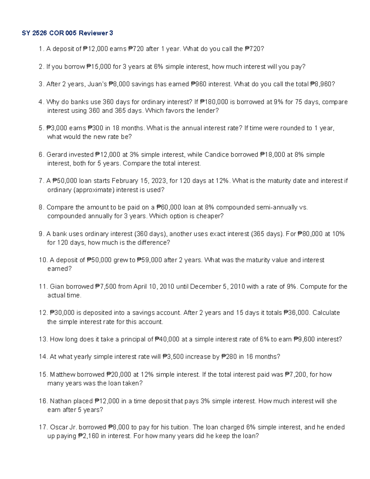 SY 2526 COR 005 Comprehensive Review on Simple Interest Concepts - Studocu