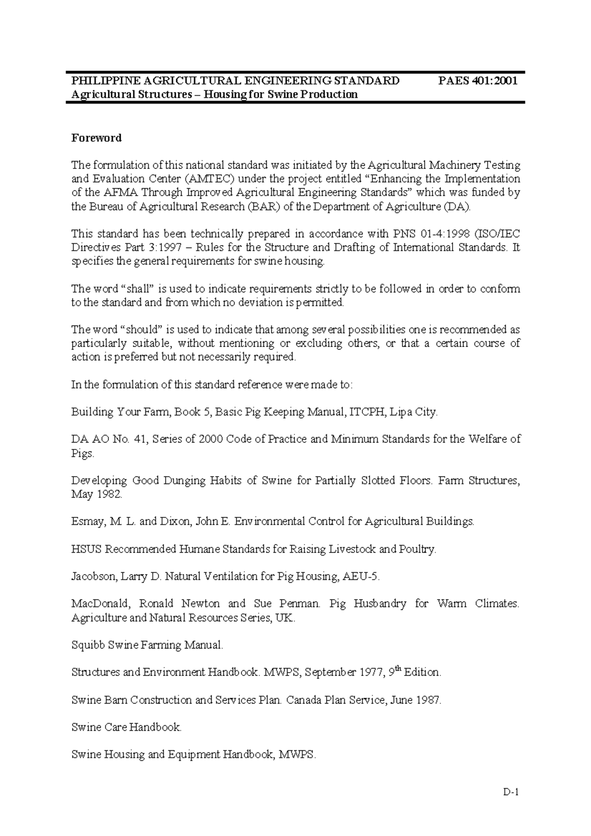 PAES 401:2001 - Standards for Swine Housing and Agricultural Structures ...