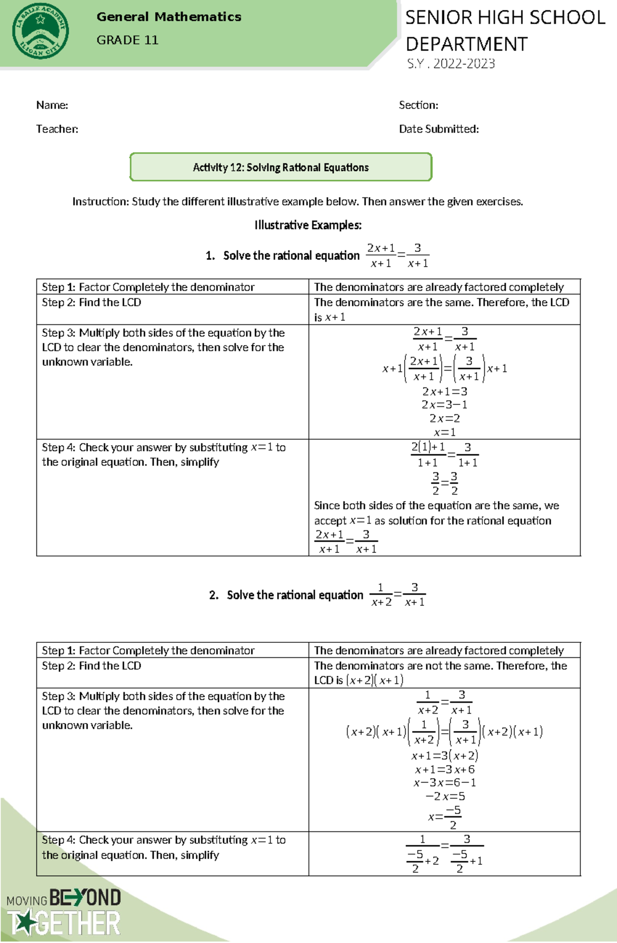 Activity 12: Solving Rational Equations - GRADE 11 General Math - Studocu
