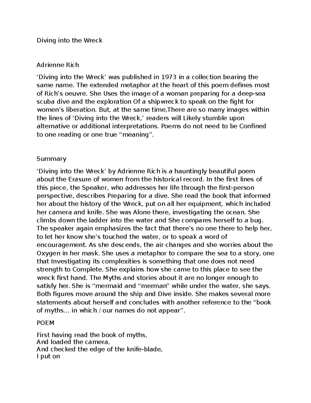 Analysis of "Diving into the Wreck" by Adrienne Rich (1973) - Studocu