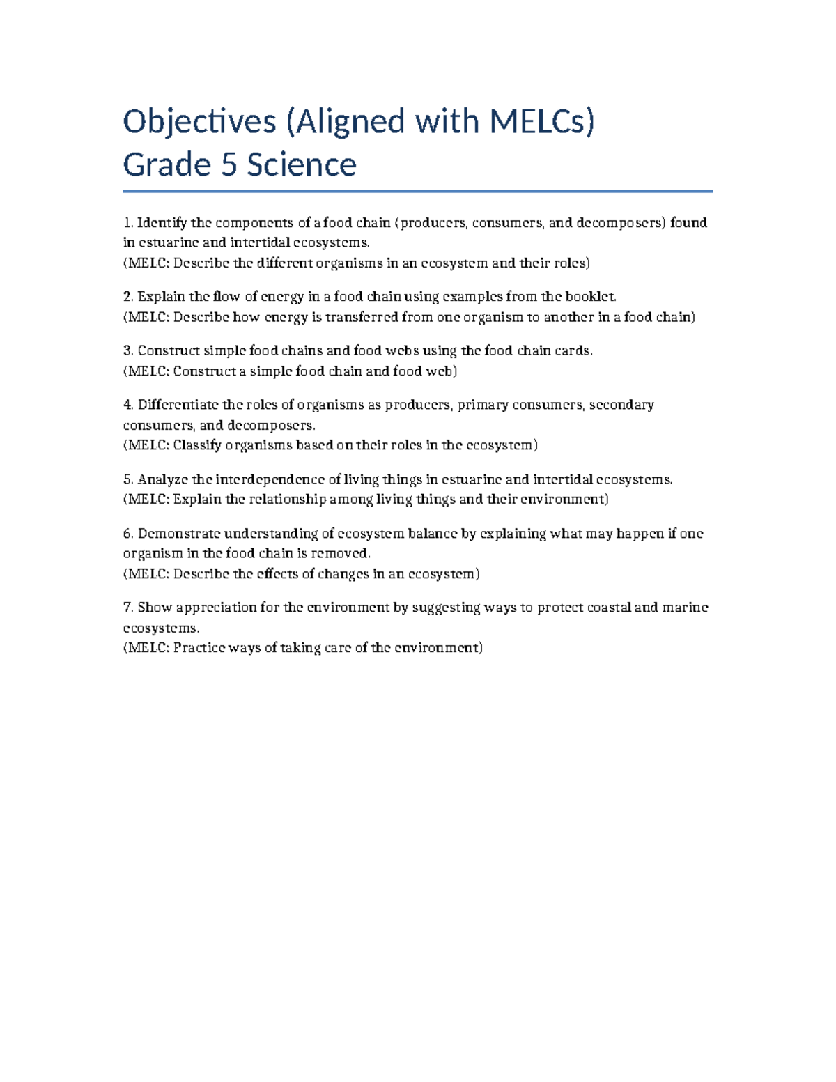 MELC Aligned Objectives for Grade 5 Science: Food Chains & Ecosystems ...