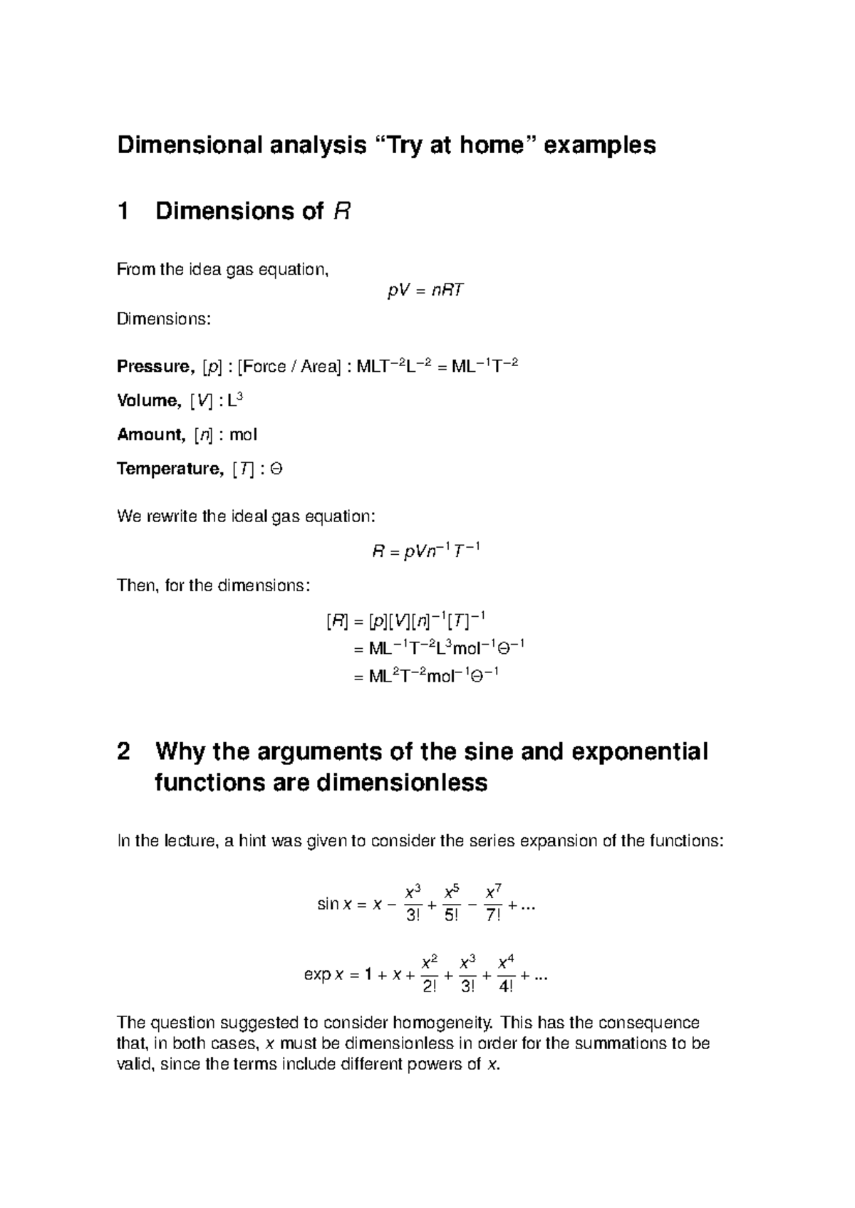 Dimensional Analysis Examples: Ideal Gas Equation & Functions - Studocu