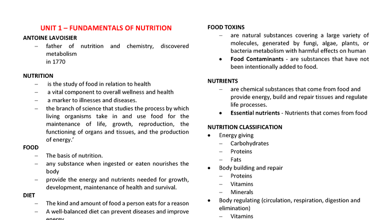 NDT UNIT 1: Fundamentals of Nutrition - Comprehensive Review - Studocu