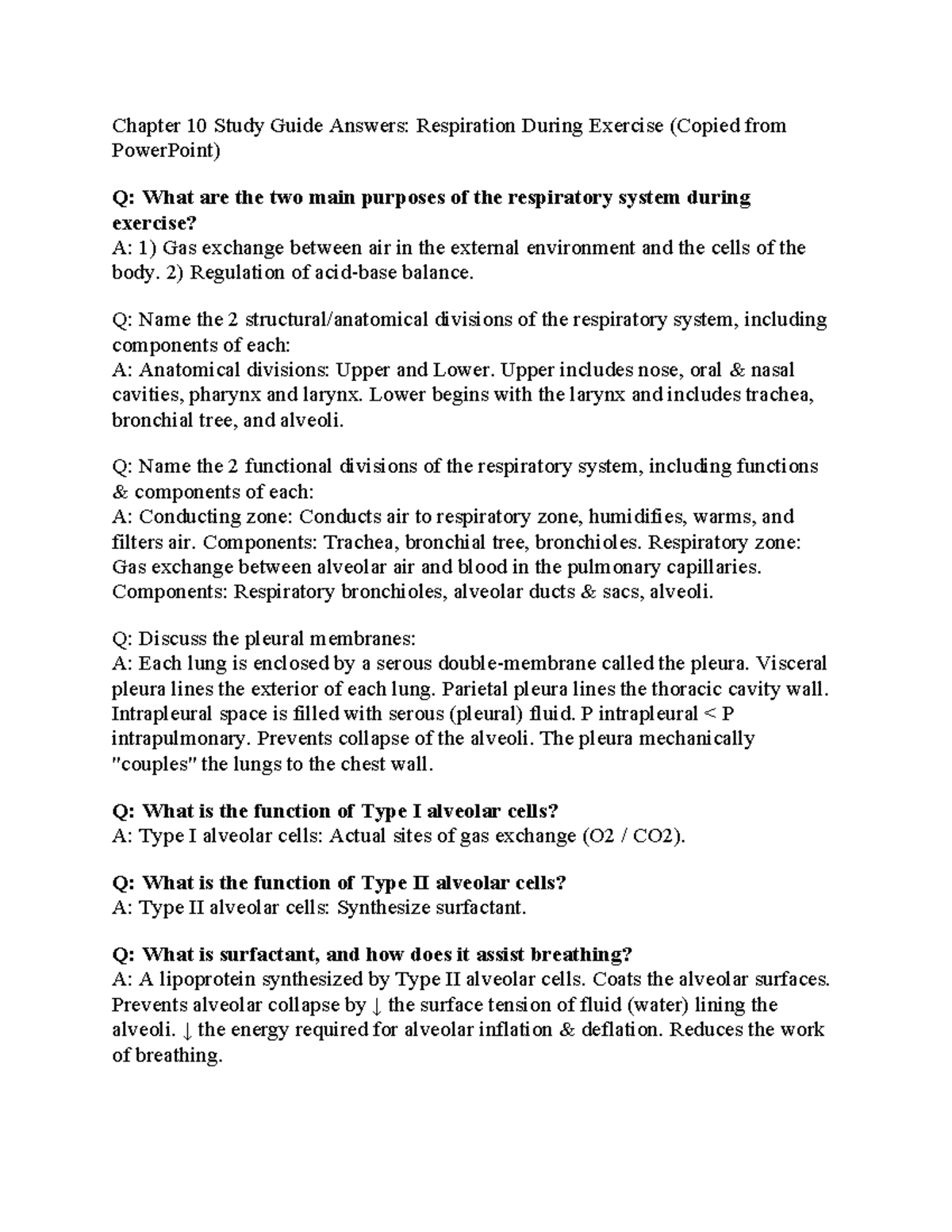 Chapter 10 Study Guide Answers: Respiratory System & Exercise - Studocu