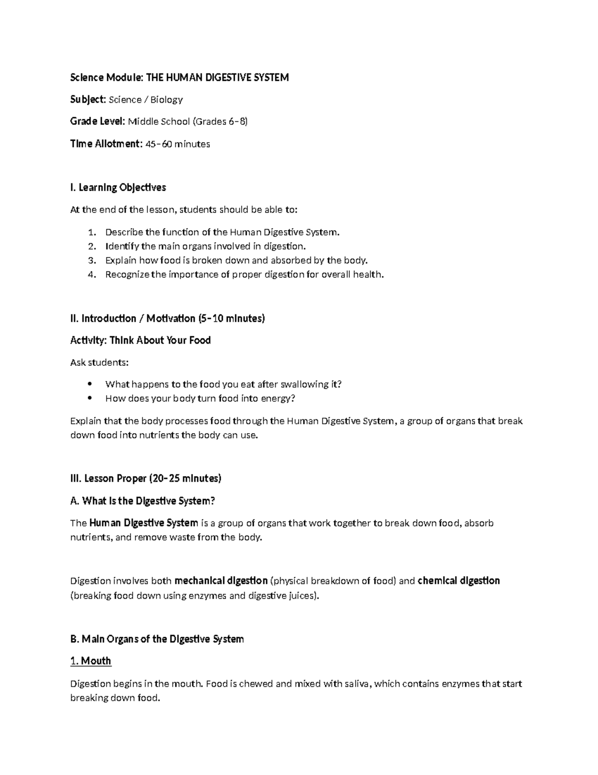 Science Module: Human Digestive System Overview for Middle School - Studocu