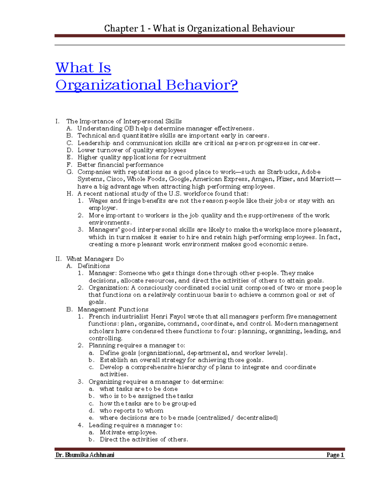 Chapter 1 - Overview of Organizational Behaviour Concepts and ...