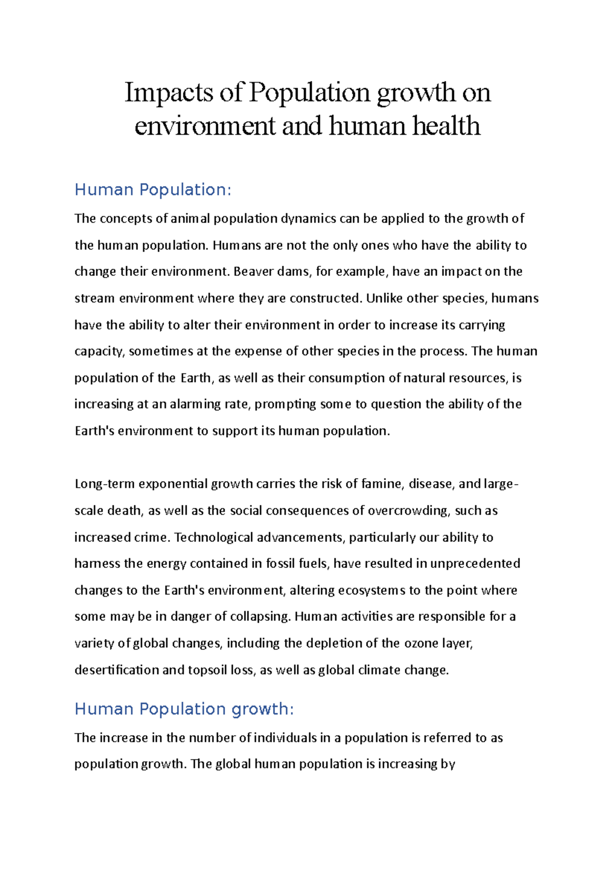 What Are The Impacts Of Population Growth On The Environment