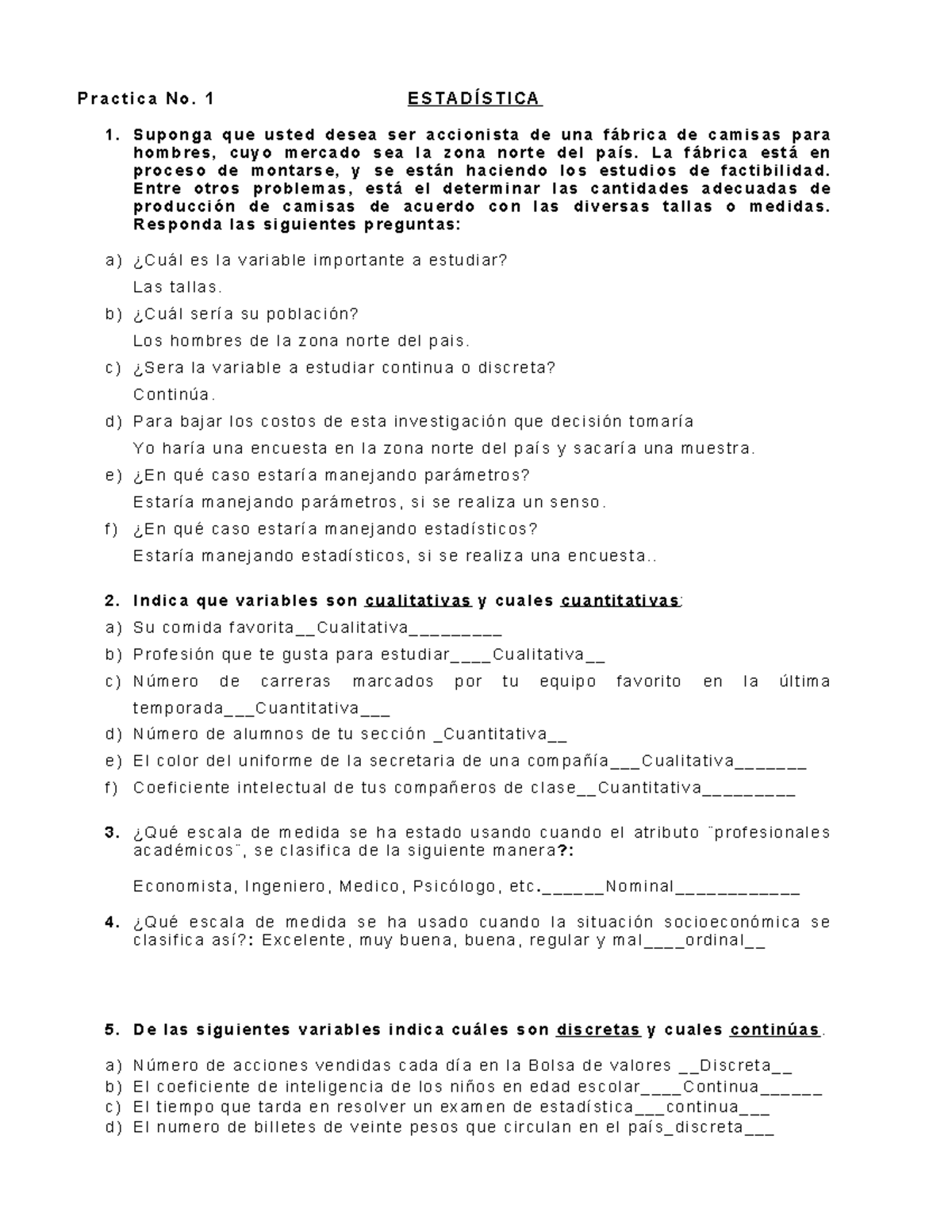 Práctica No. 1: Variables en Estadística 1 y su Análisis - Studocu