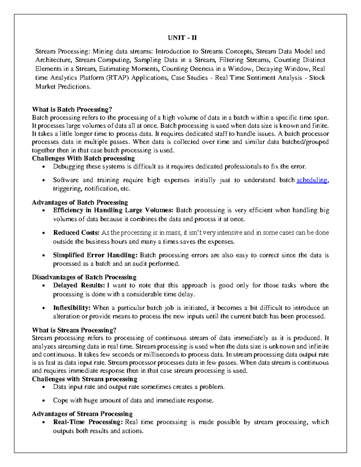 BIG DATA Analytics UNIT-2: Stream vs Batch Processing Insights - Studocu