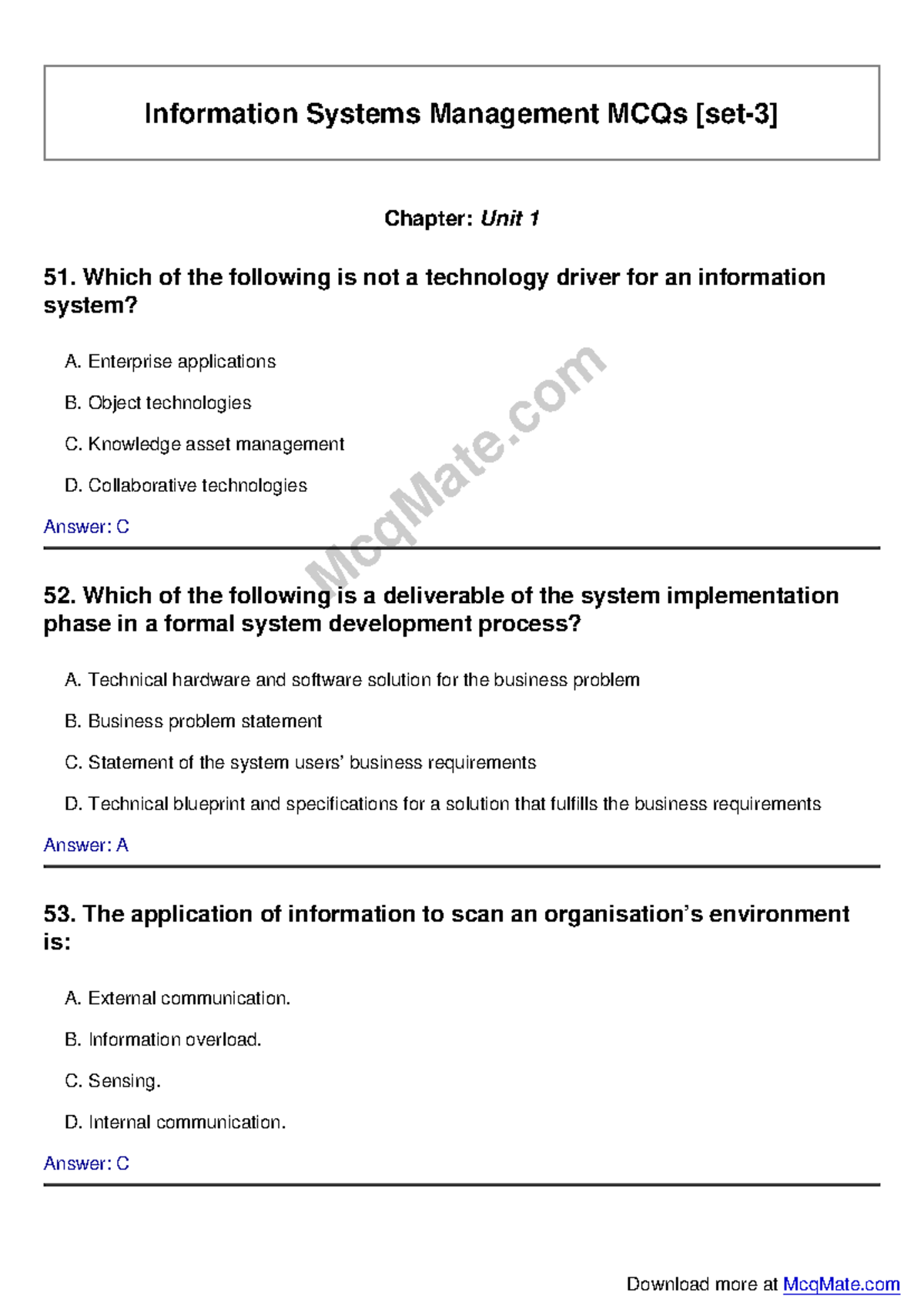 Information-systems-management Solved MCQs [set-3] Mcq Mate ...