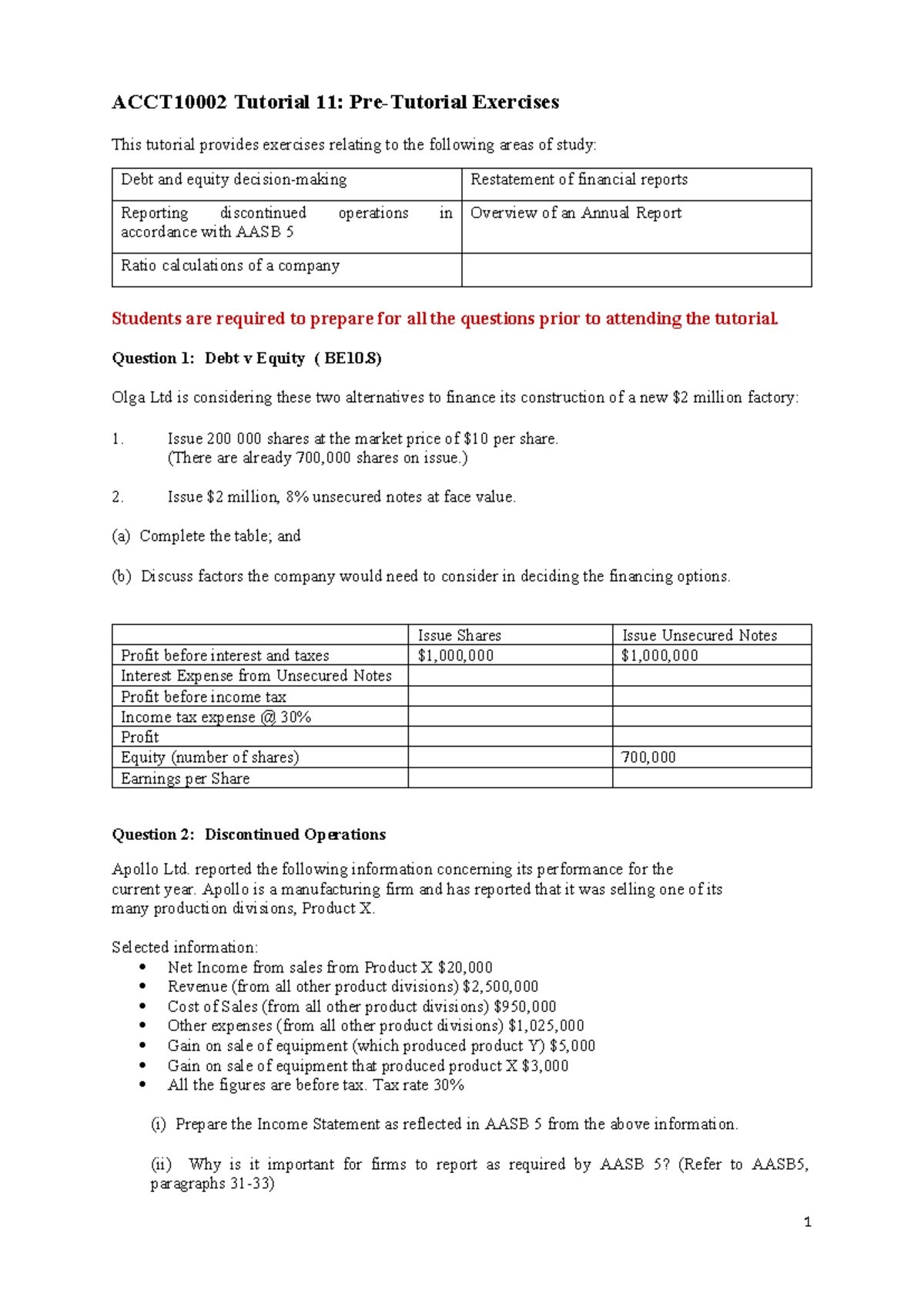 ACCT10002 Tutorial 11: Pre-Tutorial Exercises on Debt, Equity, and ...