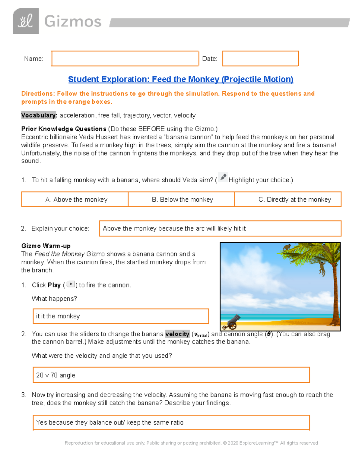 Feed the Monkey Gizmo Exploration: Understanding Projectile Motion - Studocu