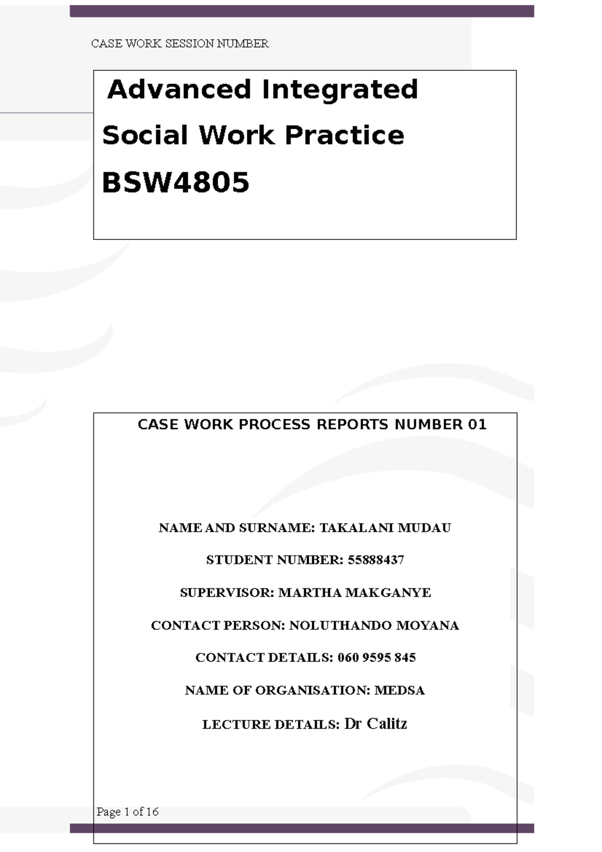CASE WORK Process Report Report Number 01 of second client - CASE WORK ...