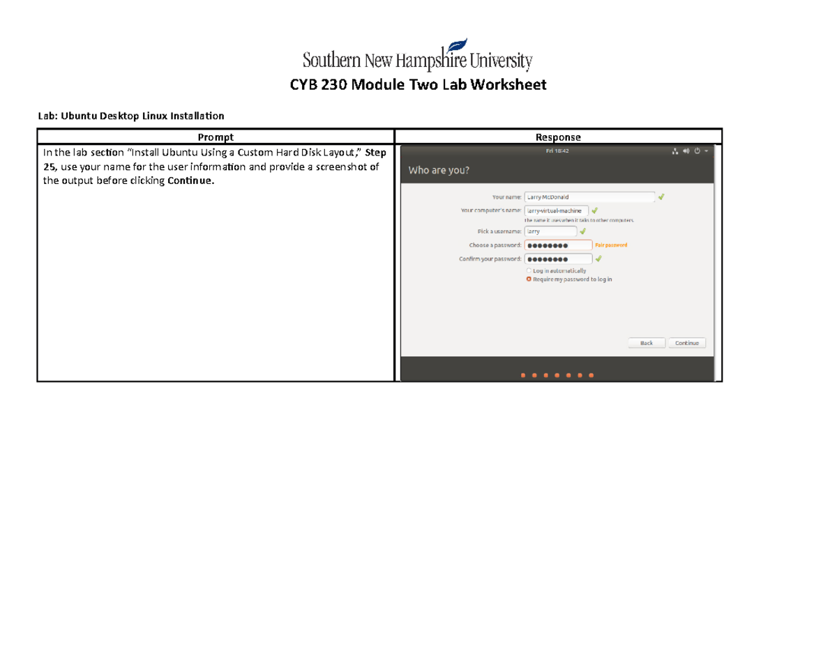 CYB 230 Module Two Lab Worksheet: Ubuntu Installation & Security Steps ...
