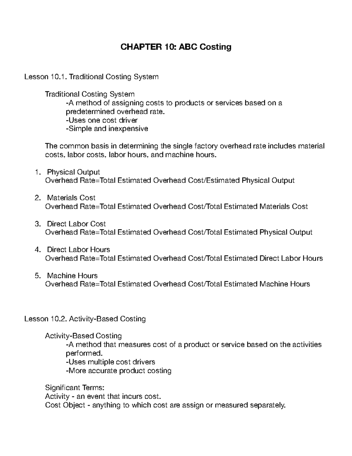 CHAPTER 10: ABC Costing & Traditional Costing System Notes - Studocu
