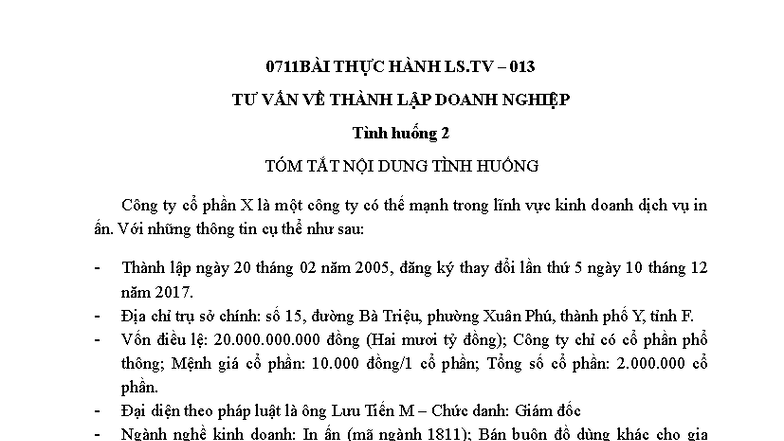 0711 BÀI THỰC HÀNH LS.TV 013: TƯ VẤN TÁCH DOANH NGHIỆP - Studocu