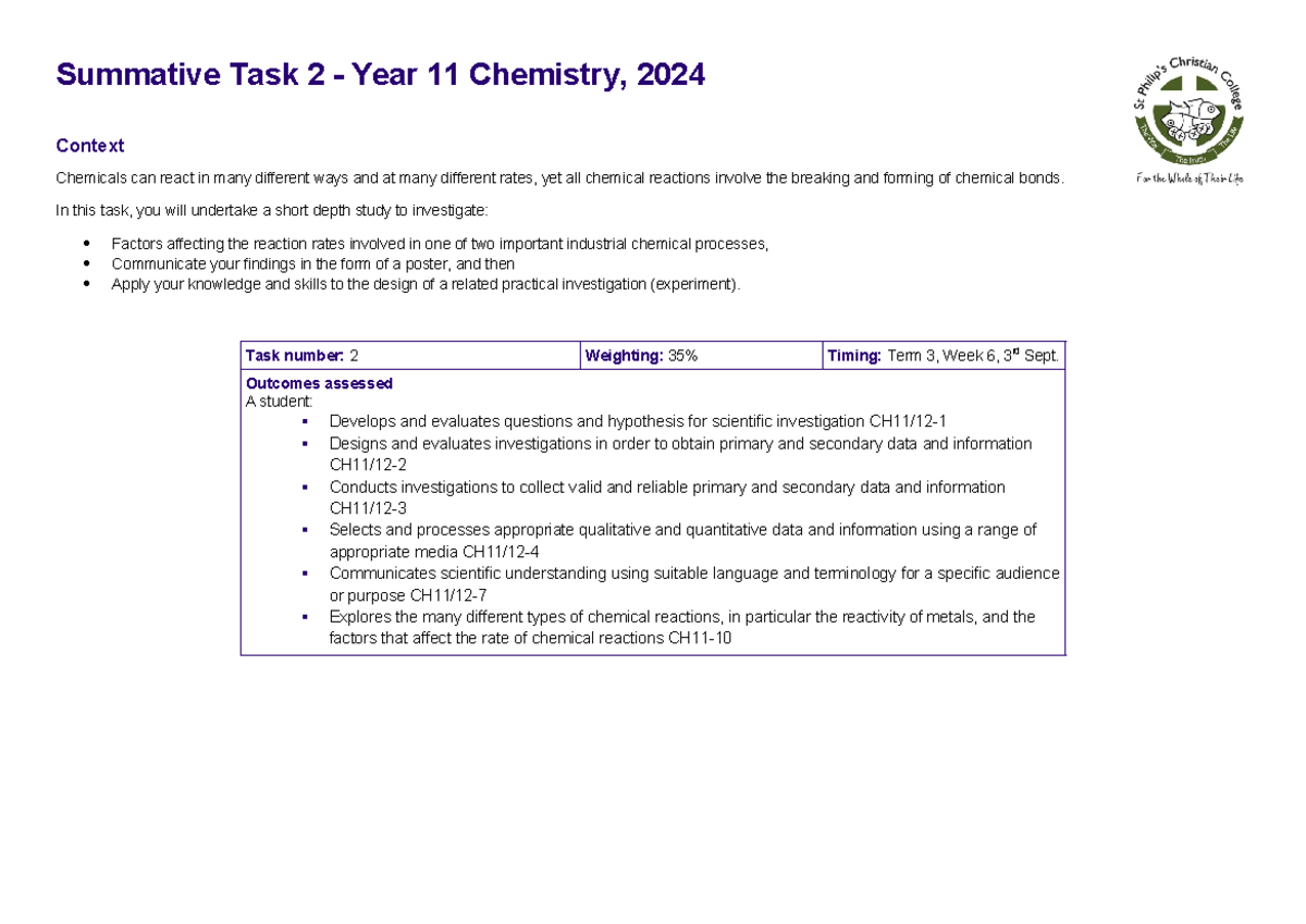 11 Chem Summative Task 2: Investigating Reaction Rates 2024 - Studocu
