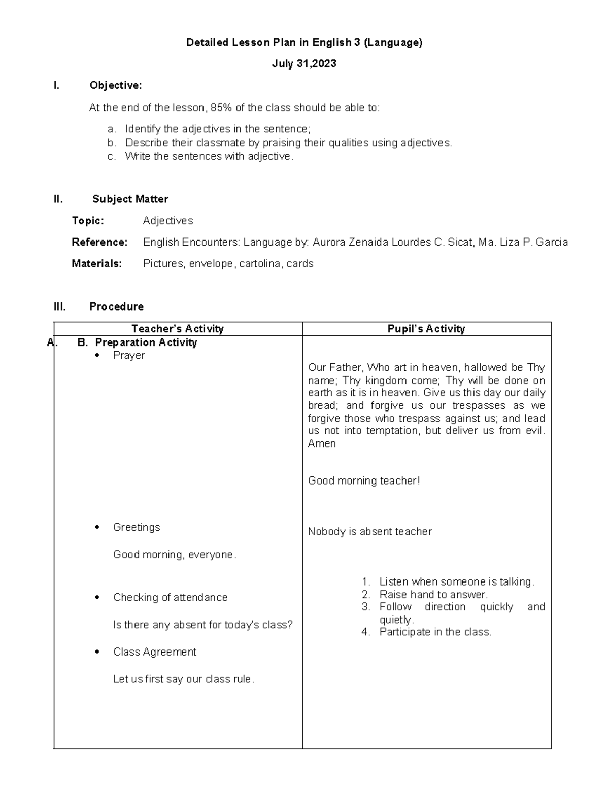 Detailed Lesson Plan on Adjectives for English 3 - Studocu
