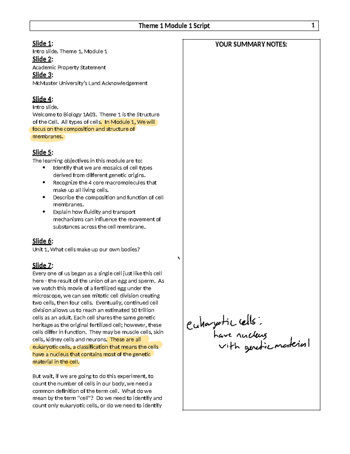 Biology 1A03: Theme 1 Module 1 - Cell Structure & Membrane Function ...