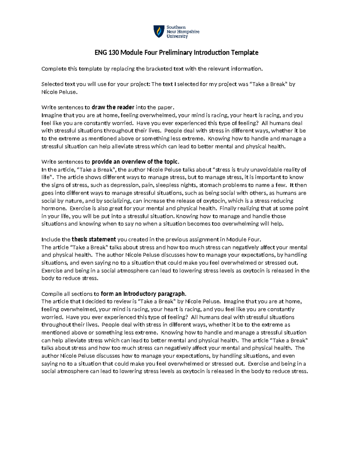Eng 130 Module Four Preliminary Introduction Template Selected Text You Will Use For Your