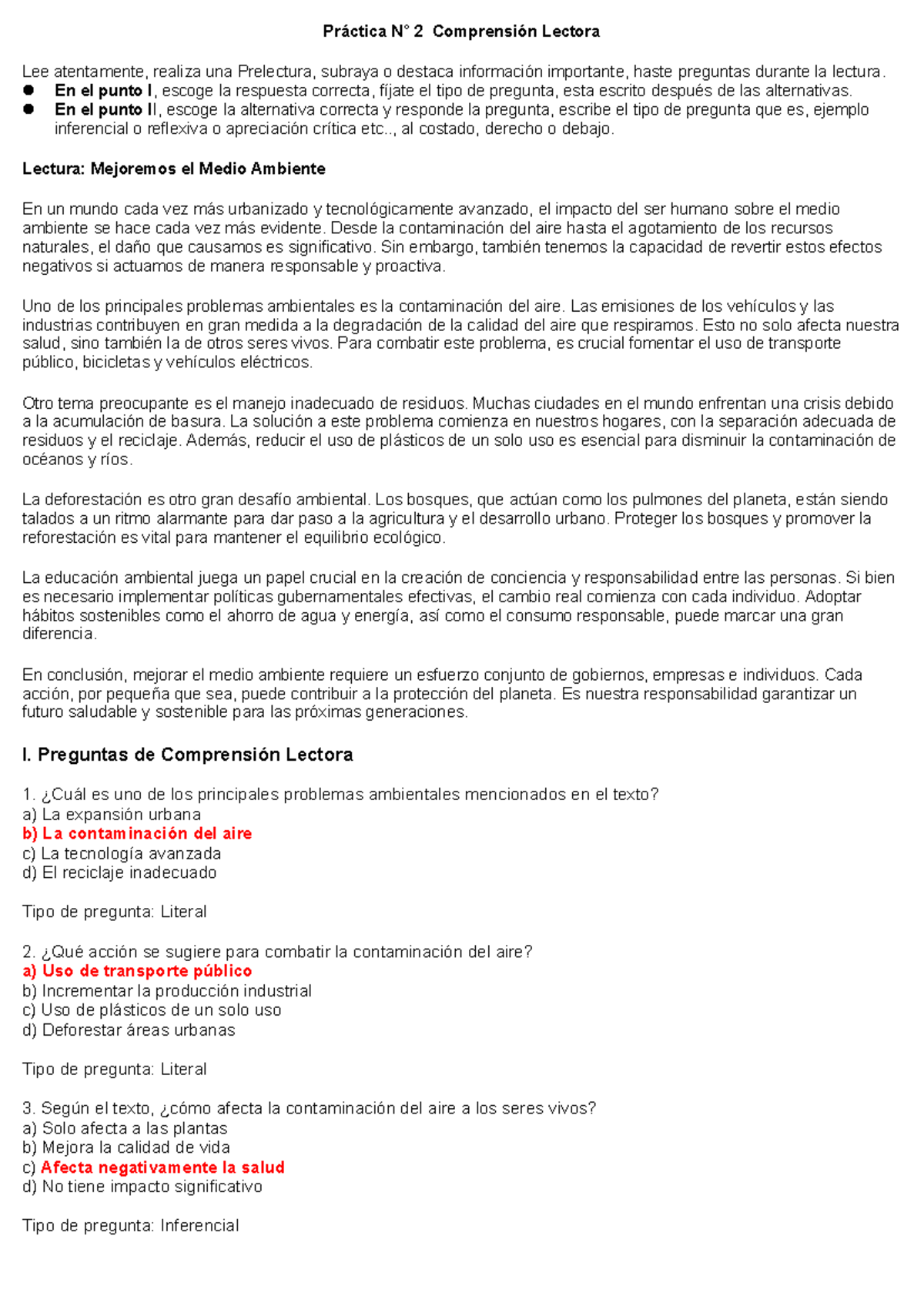 Práctica N° 2: Comprensión Lectora sobre el Medio Ambiente - Studocu